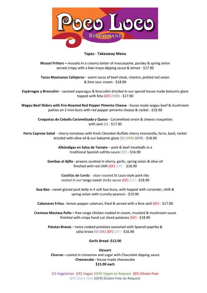 Menu at Poco Loco Restaurant, Pukekohe