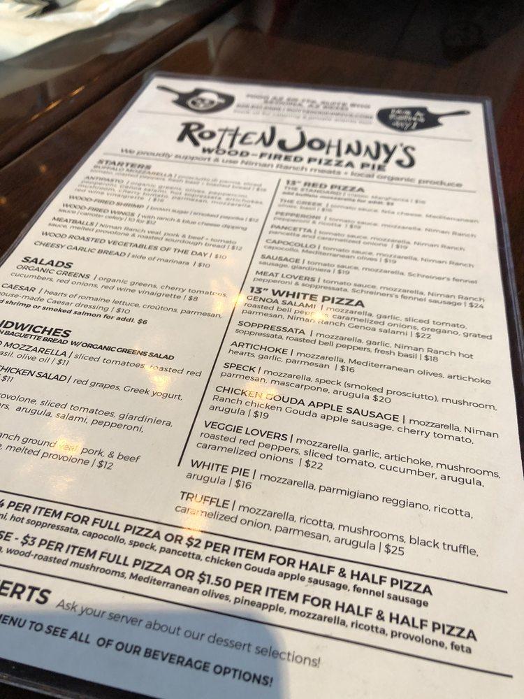 Menu at Rotten Johnny's Wood-Fired Pizza Pie pizzeria, Sedona