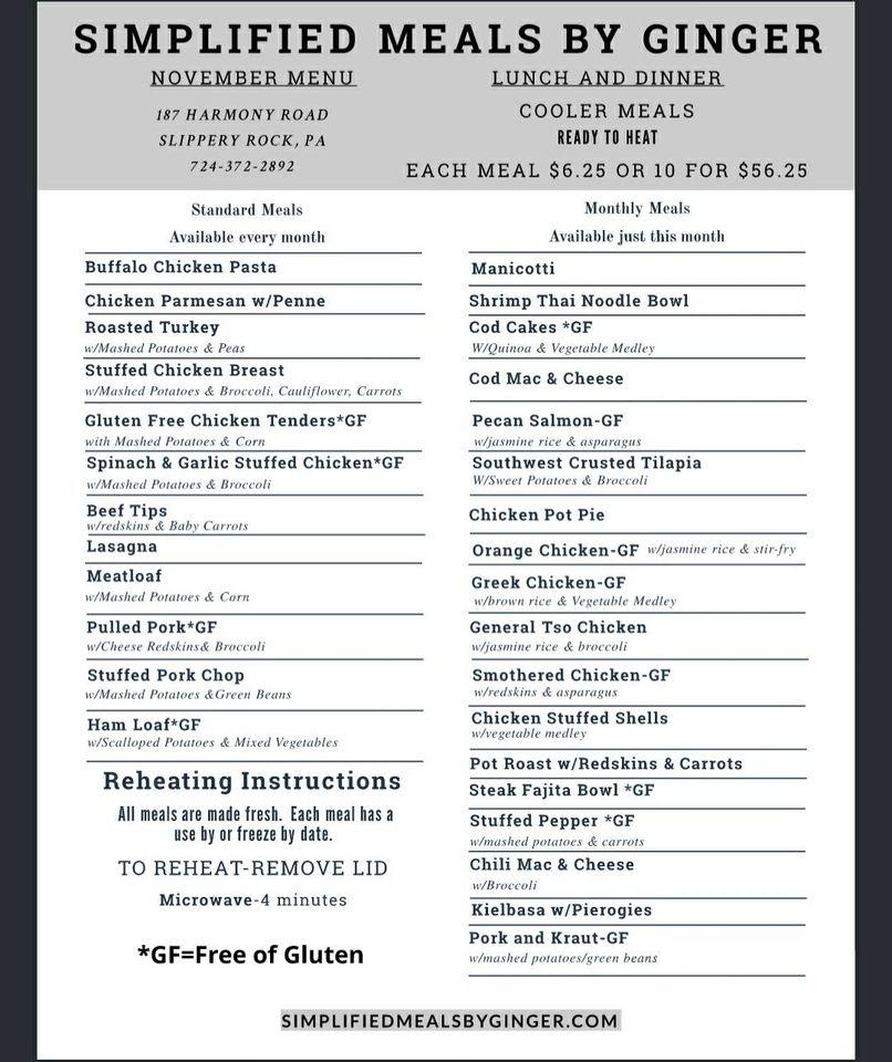 Menu at Simplified Meals by Ginger desserts, Slippery Rock, 235 Grove ...