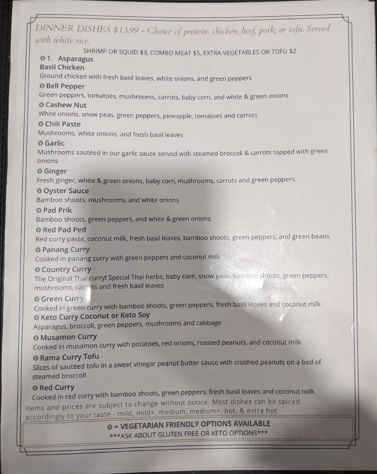 Menu at Sun Thai restaurant, Carlinville