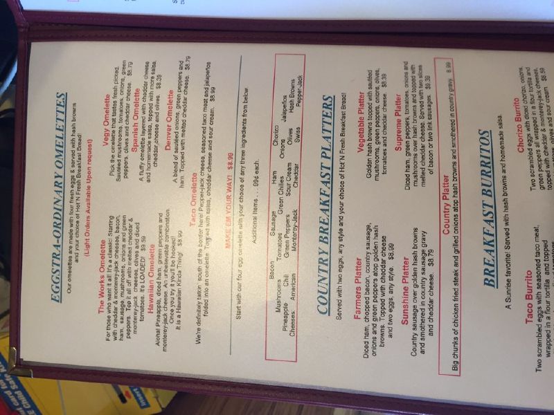 Menu at Sunrise Inn restaurant, Nampa