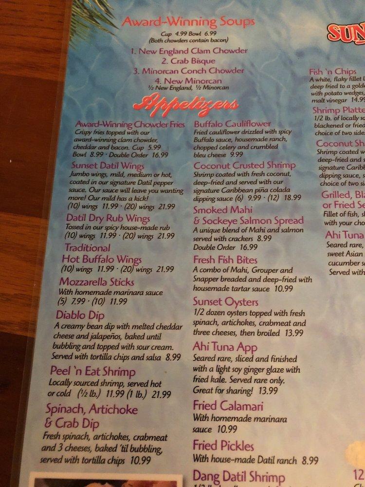 Menu at Sunset Grille pub & bar, St. Augustine, 421 A1A Beach Blvd