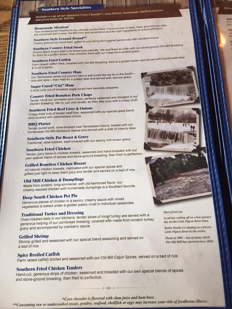 Menu at The Old Mill Restaurant, Pigeon Forge, 164 Old Mill Ave