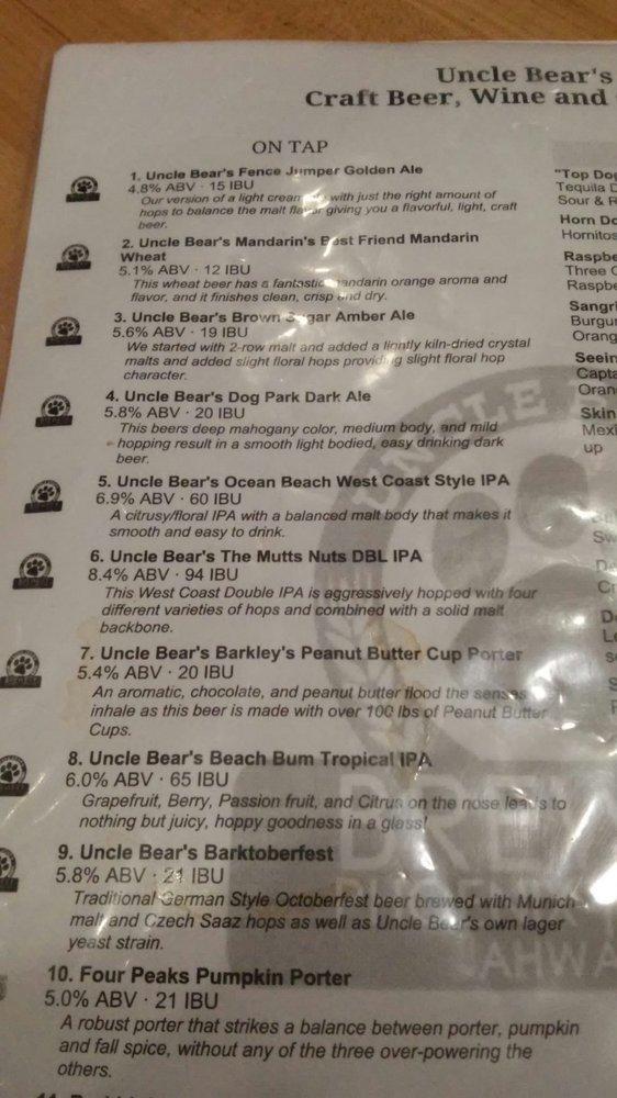 Menu at Uncle Bear's Grill & Tap pub & bar, Queen Creek