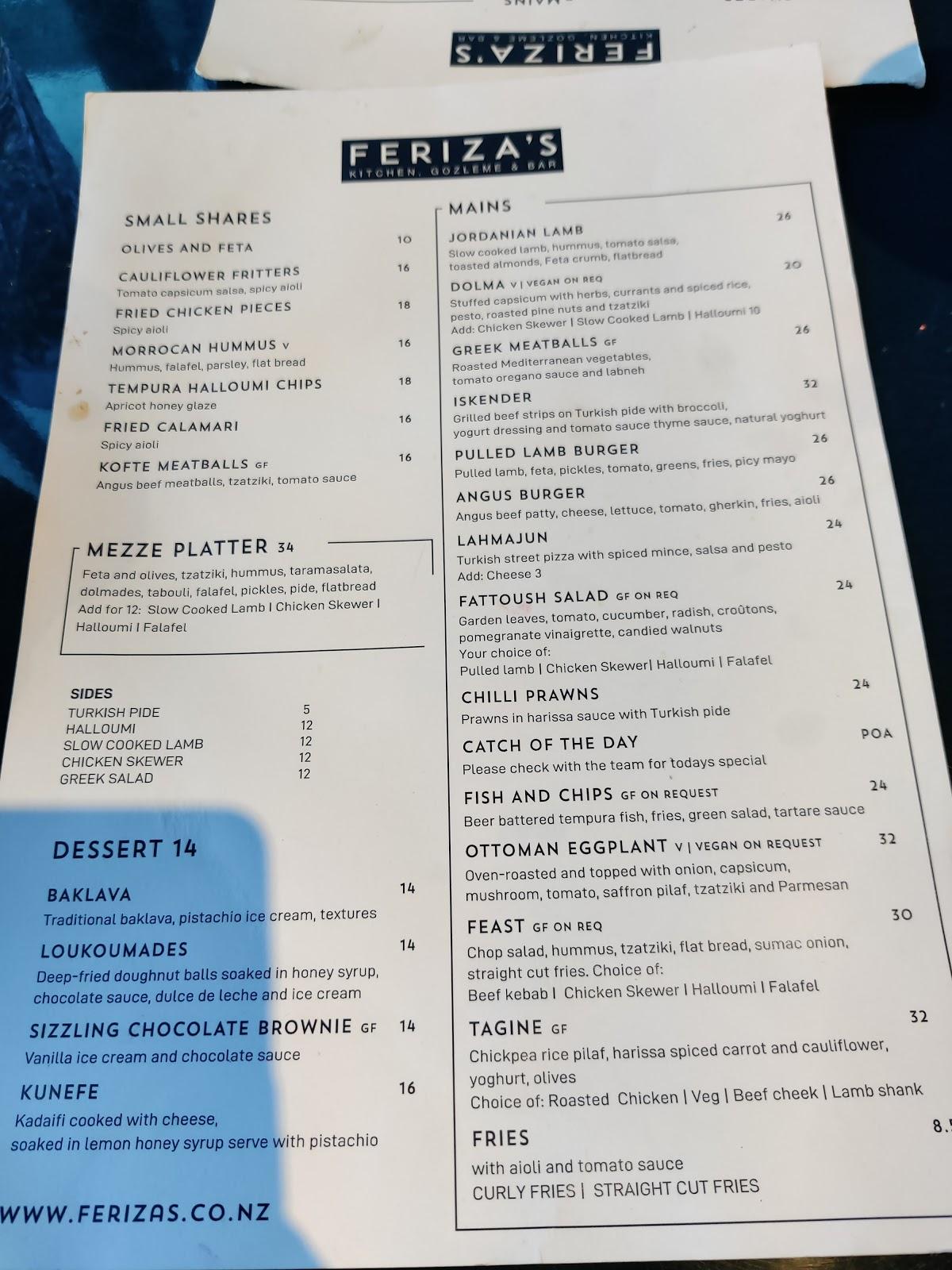 Menu at Feriza's restaurant, Auckland