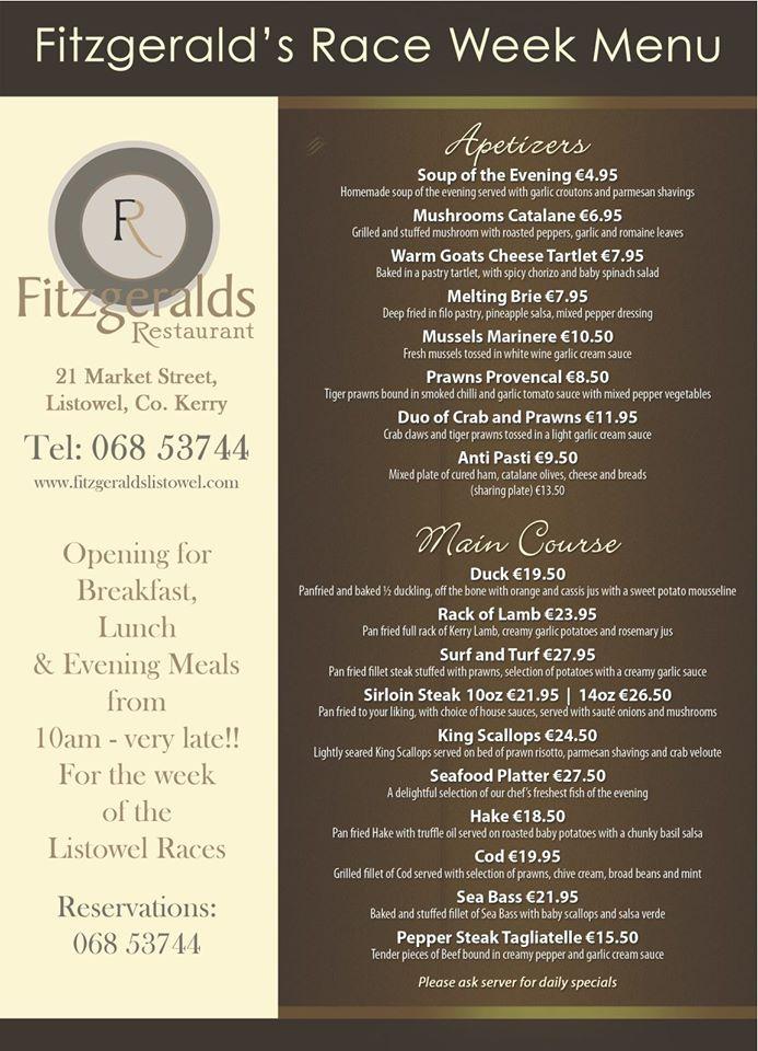 Menu at Fitzgeralds pub & bar, Listowel, 21 Market Street