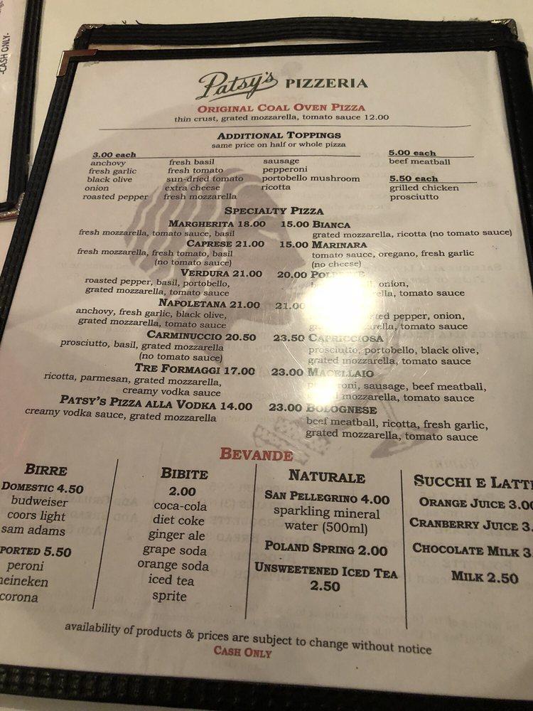 Menu at Patsy's Pizzeria, New York City, 2287 1st Ave.