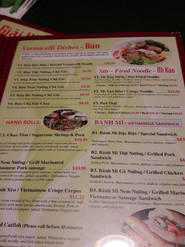 Menu at Pho Sen restaurant, Vancouver