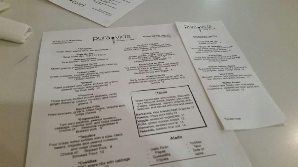 Carta del restaurante Pura Vida Cocina, McMinnville
