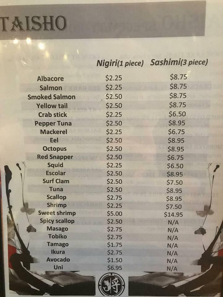 Menu at Taisho Japanese Grill and Sushi Bar, Cypress