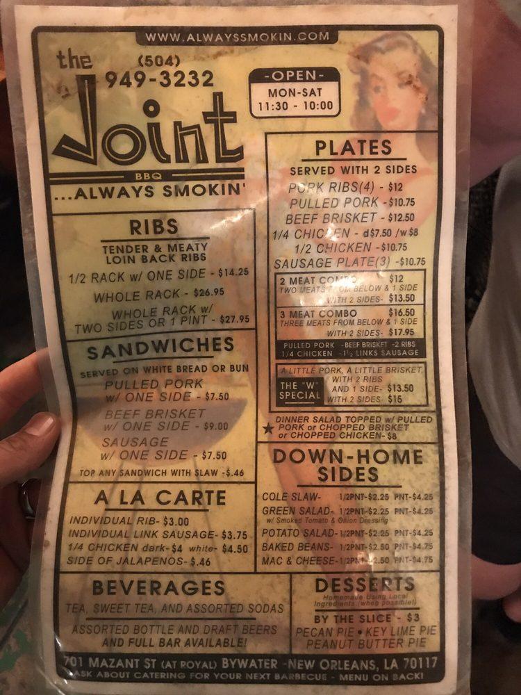 Menu at The Joint BBQ, New Orleans, 701 Mazant St