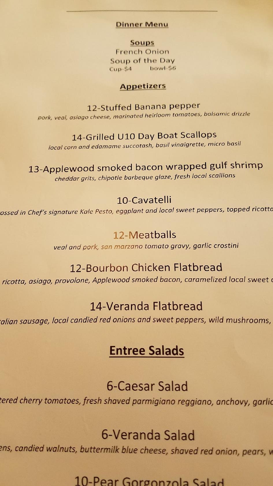 Menu at Veranda Bistro & Bar, Avon