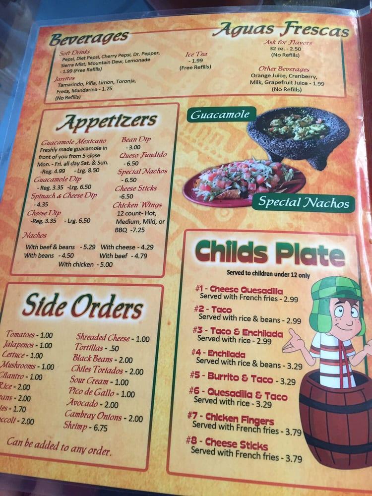 Menu at Chapala Mexican restaurant, Columbia