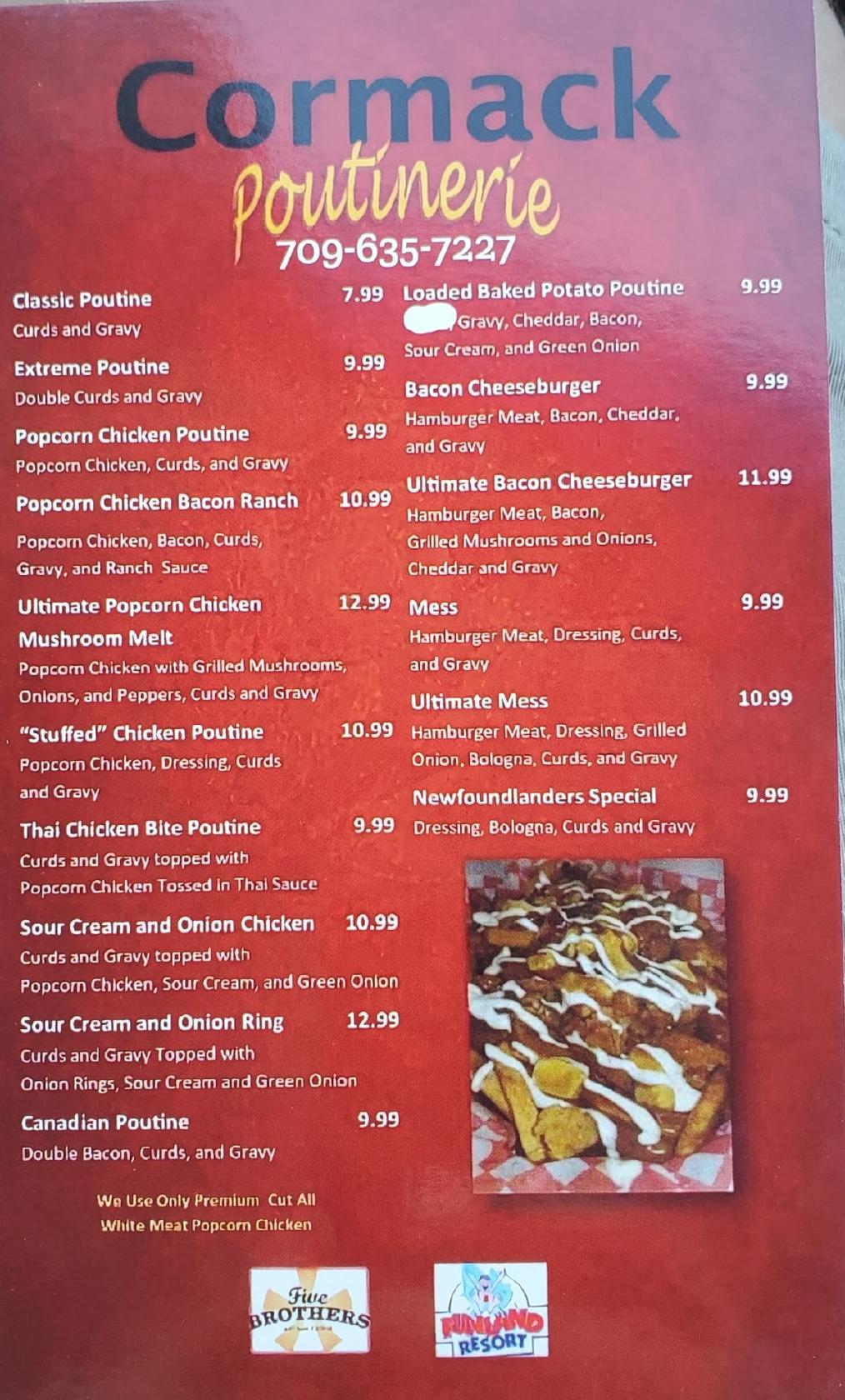 Menu at Cormack Poutinerie restaurant, Cormack, 34 Veterans Dr