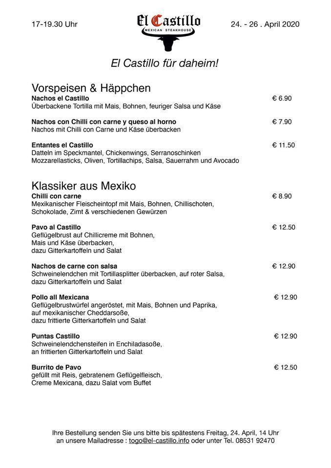 Menu at El Castillo steakhouse, Bad Füssing