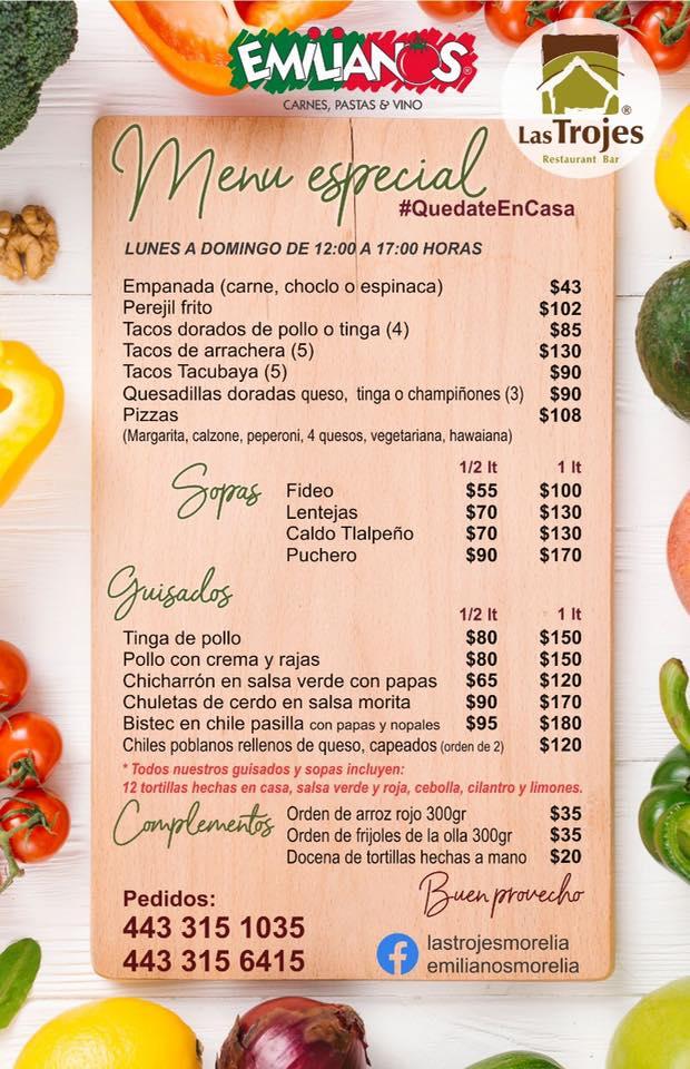 Carta de RESTAURANTE EMILIANOS, Morelia, Artilleros de 1847 1643