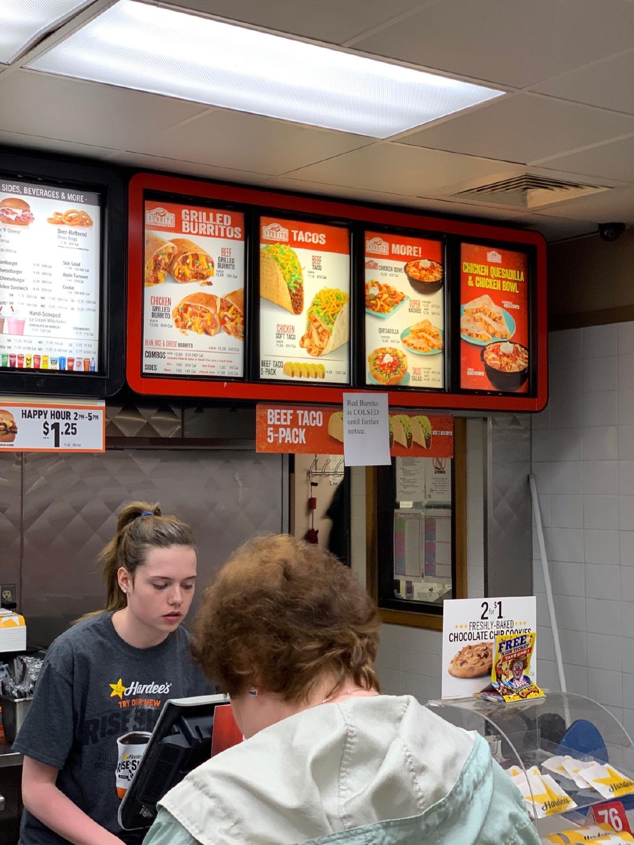 Menu at Hardee’s fast food, Lebanon, 425 S Lebanon St