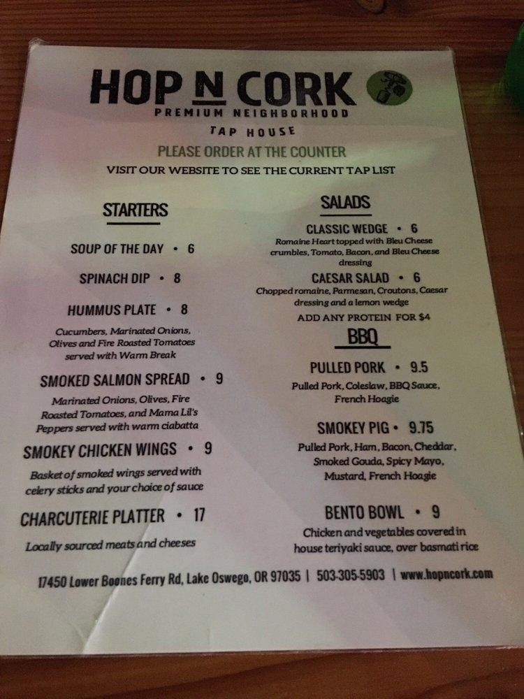 Menu at Hop N Cork pub & bar, Lake Oswego
