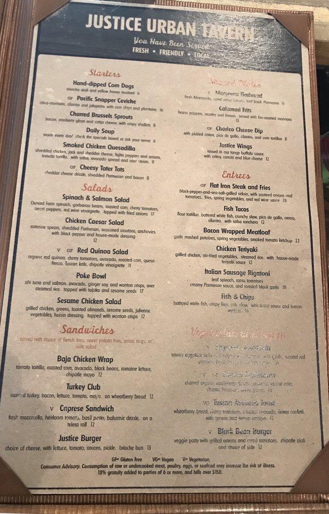Menu at Justice Urban Tavern pub & bar, Los Angeles
