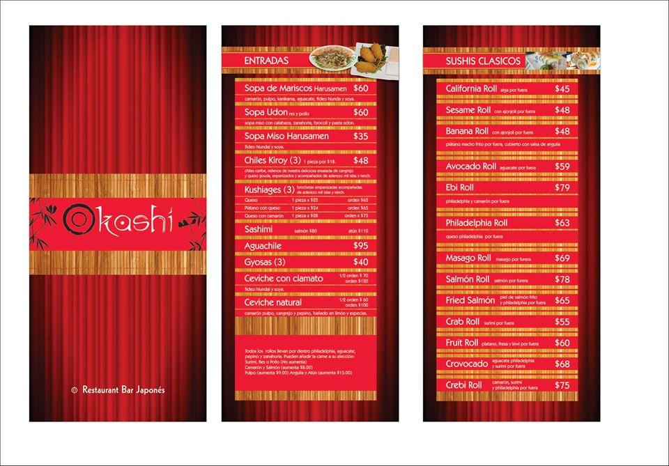 Menu at Okashi Shushi Bar, Tlaquepaque, prol. colon sur #6134