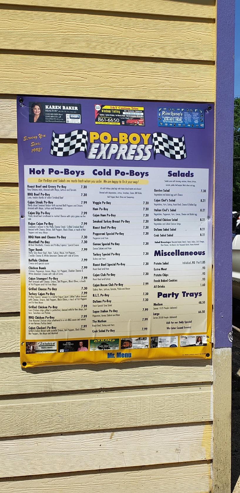 Menu at PO Boy Express restaurant, Shreveport