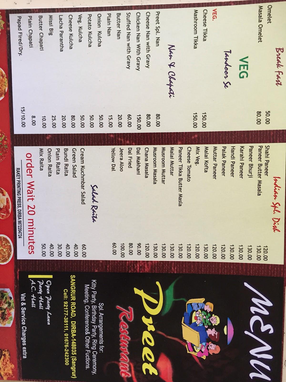 Menu at Preet Restaurant, India