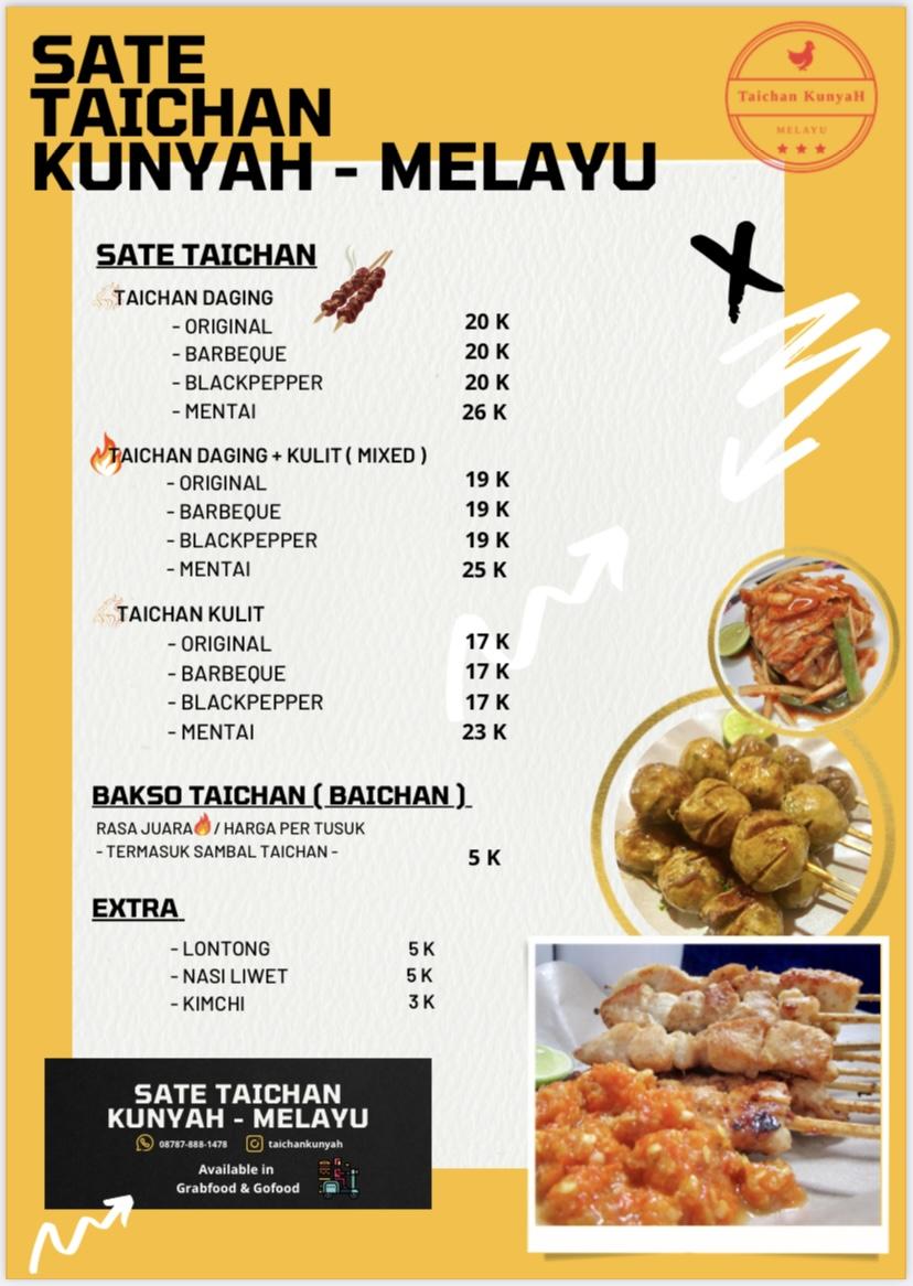 Carta del restaurante Sate Taichan KunyaH Melayu, Yakarta Oriental