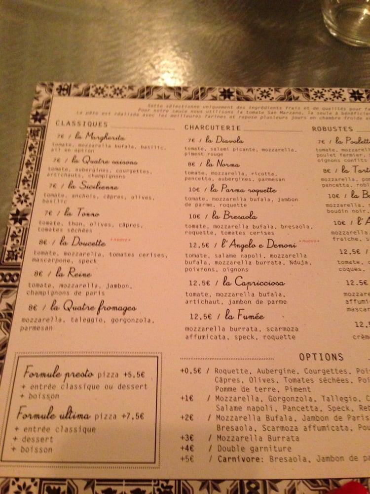 Menu at Sette Pizza pizzeria, Paris, 38 Rue du Faubourg Saint-Denis