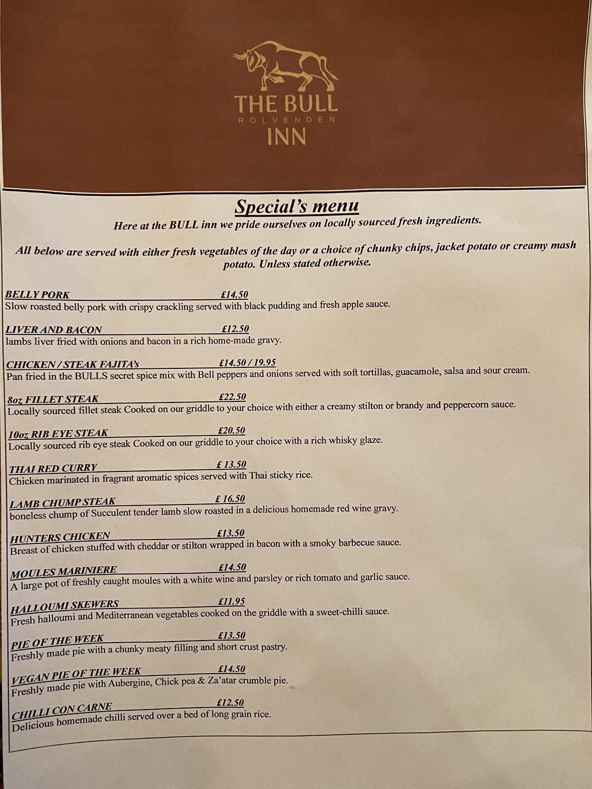 Menu at The Bull Inn Rolvenden pub & bar, Rolvenden