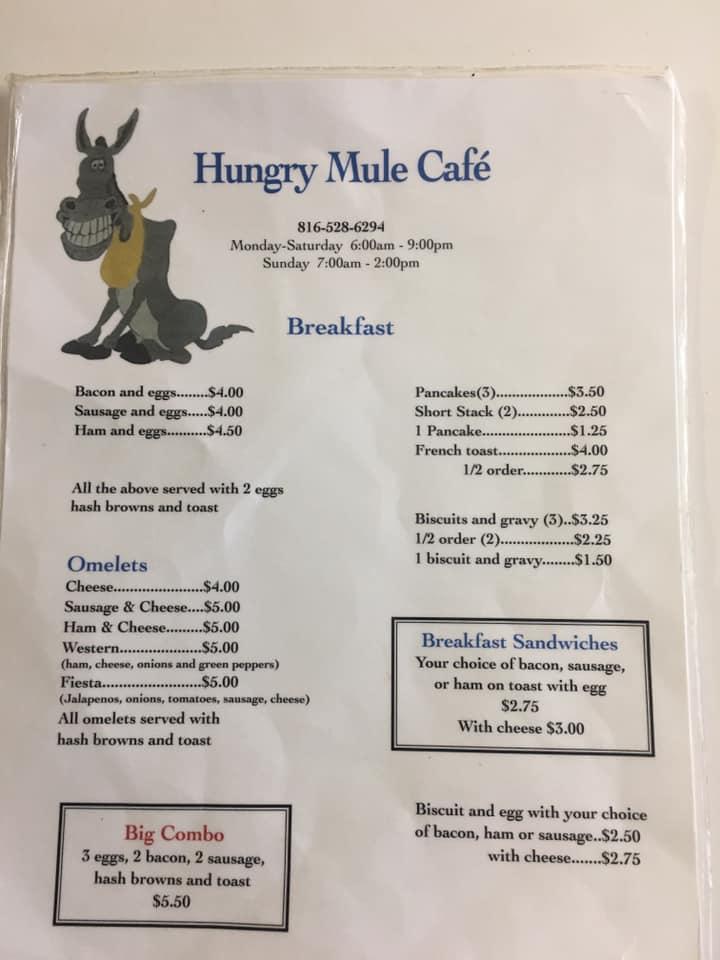 Menu at Hungry Mule restaurant, Lathrop
