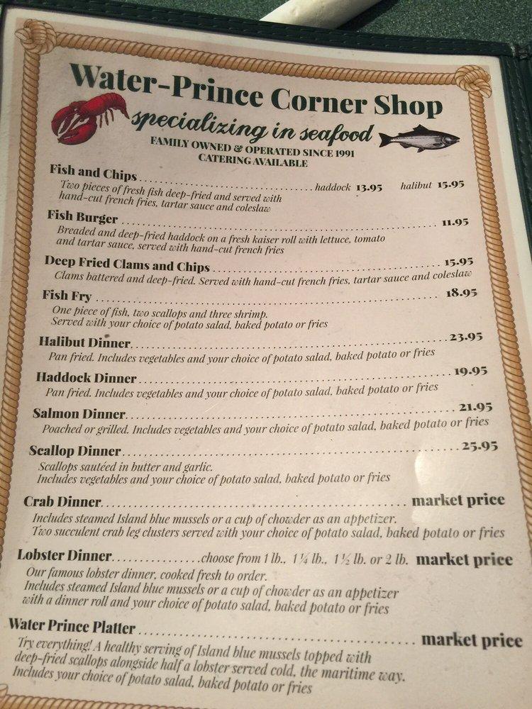 Menu at Water Prince Corner Shop restaurant, Charlottetown