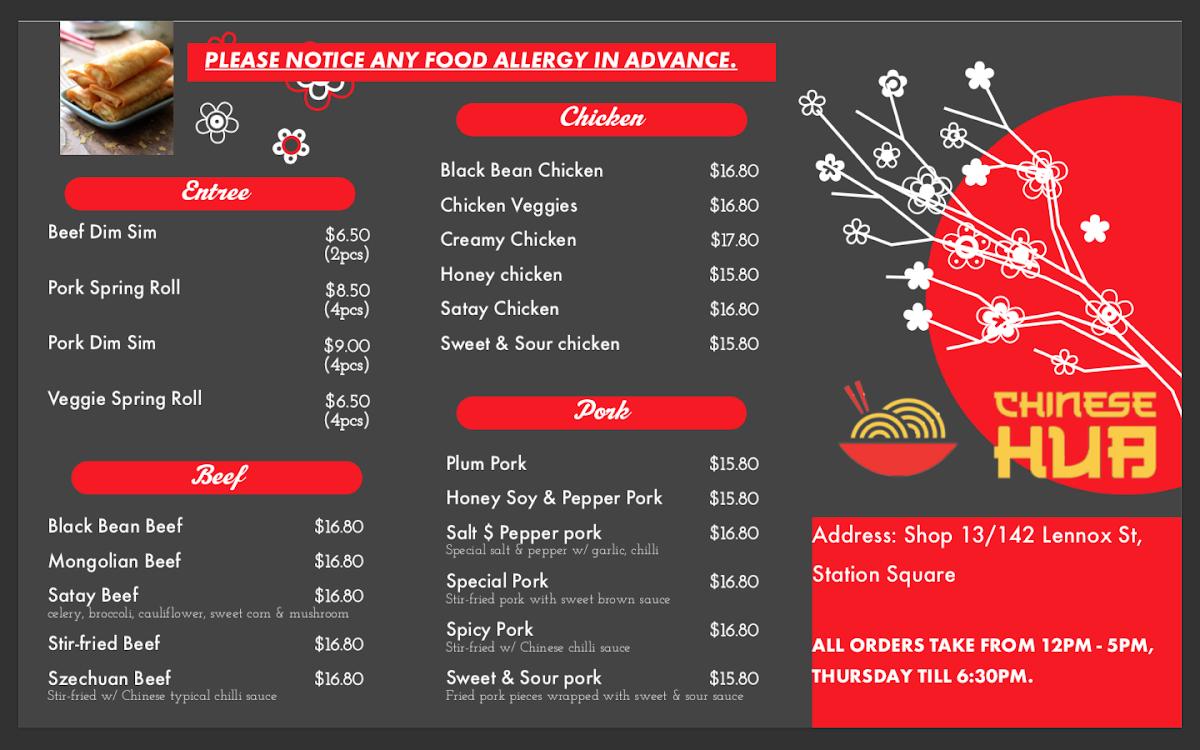 Menu at Chinese hub restaurant, Maryborough