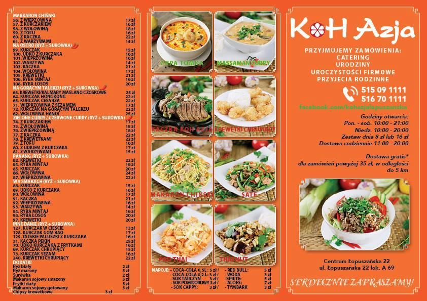 Menu at KohAzja restaurant, Warsaw