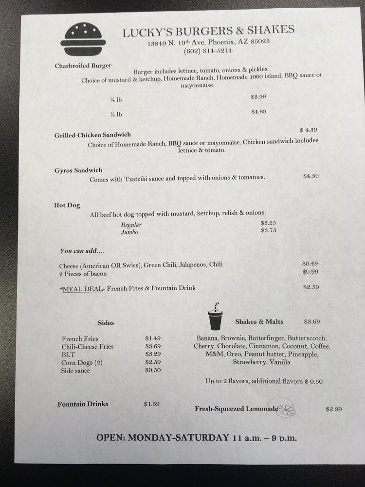 Menu at Lucky's Burgers & Shakes fast food, Phoenix