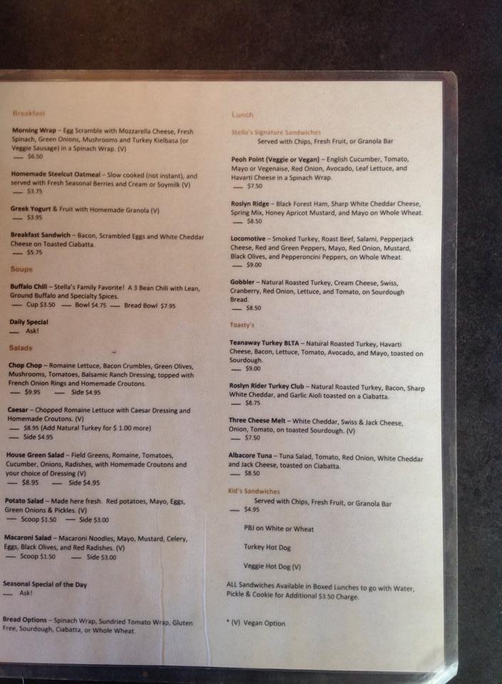 Menu at Stella's restaurant, Cle Elum