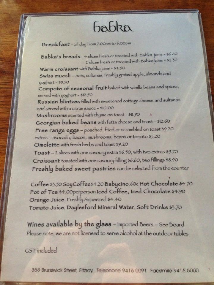 Menu at Babka restaurant, Fitzroy