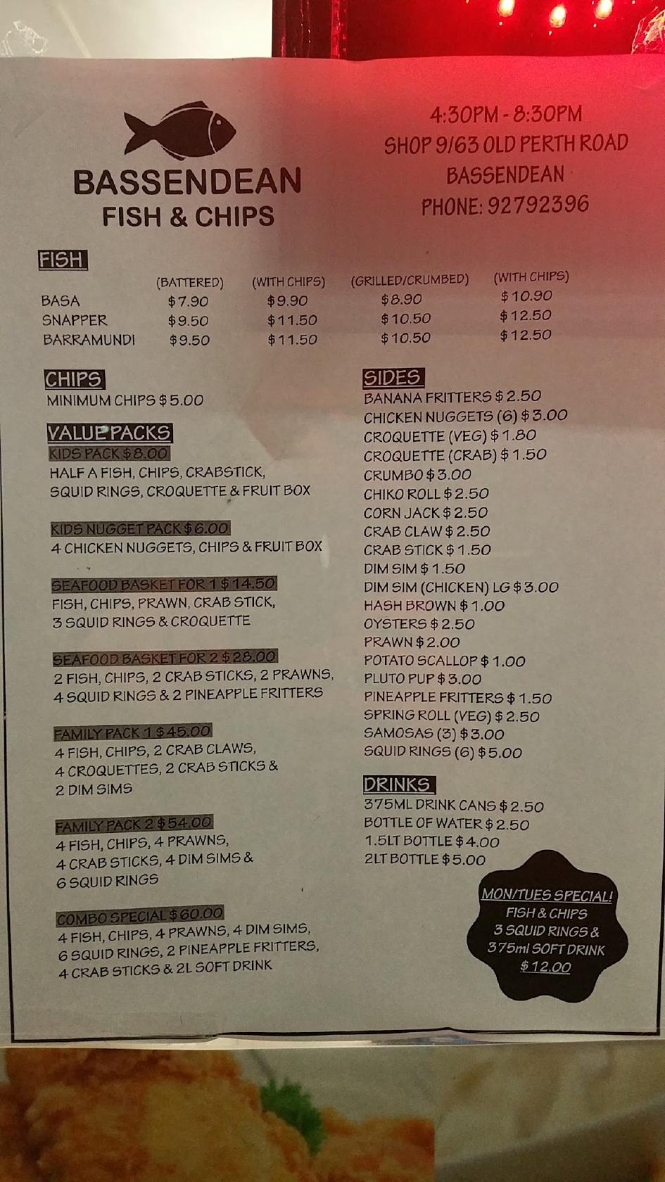Menu at Fish Chips Bassendean restaurant, Bassendean