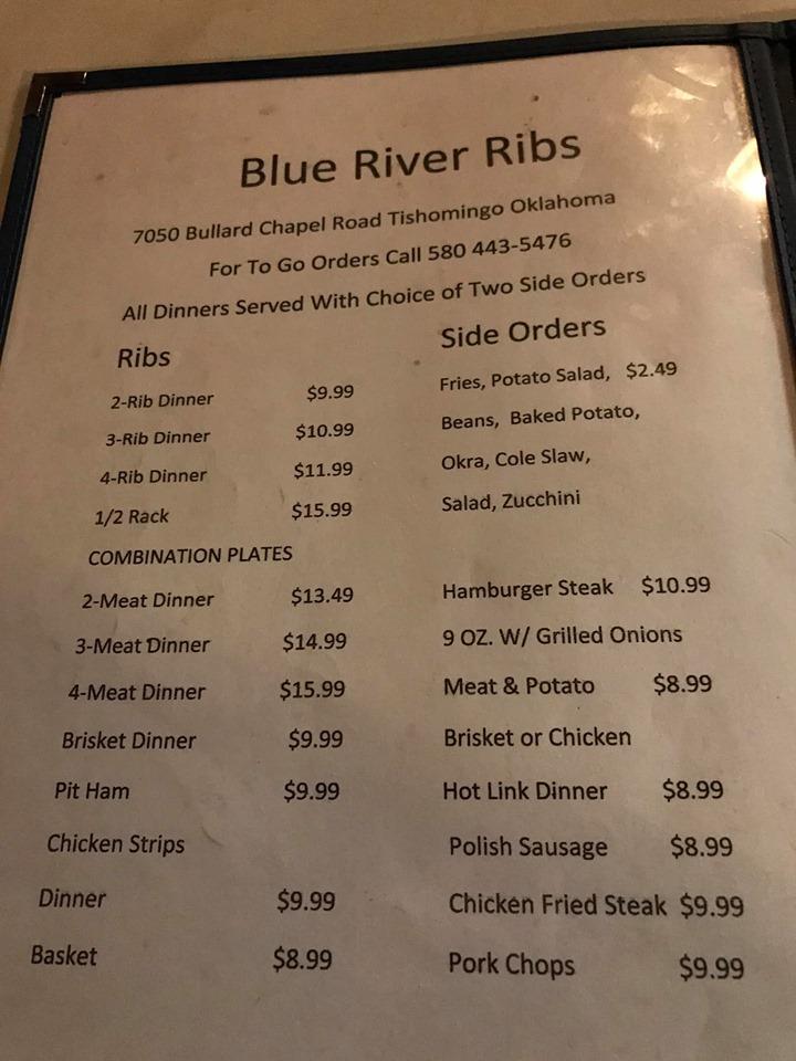Menu at Blue River Ribs restaurant, Tishomingo
