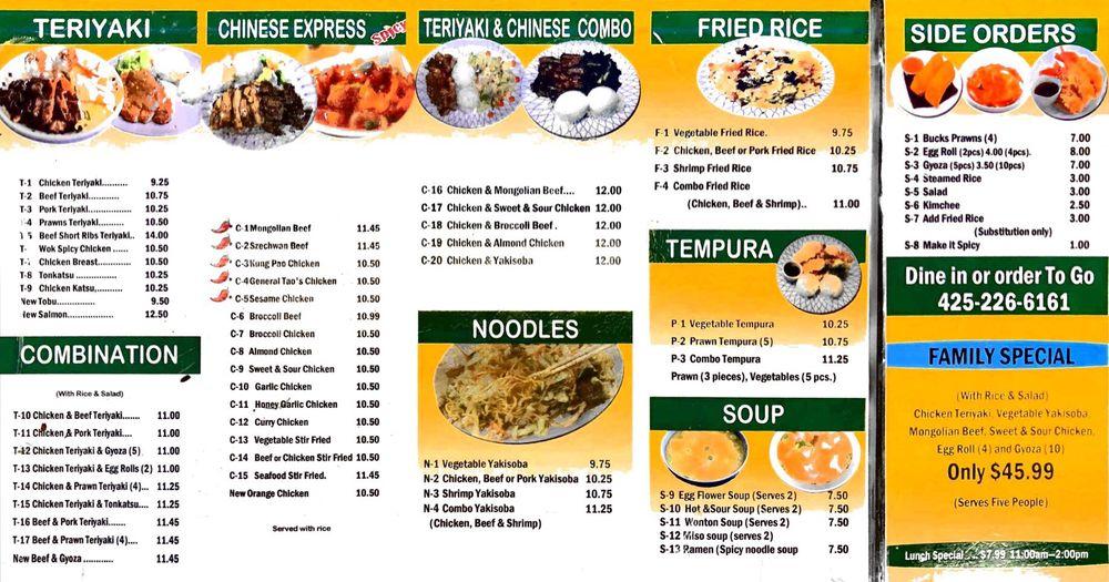 Menu at Bucks Teriyaki restaurant, Renton