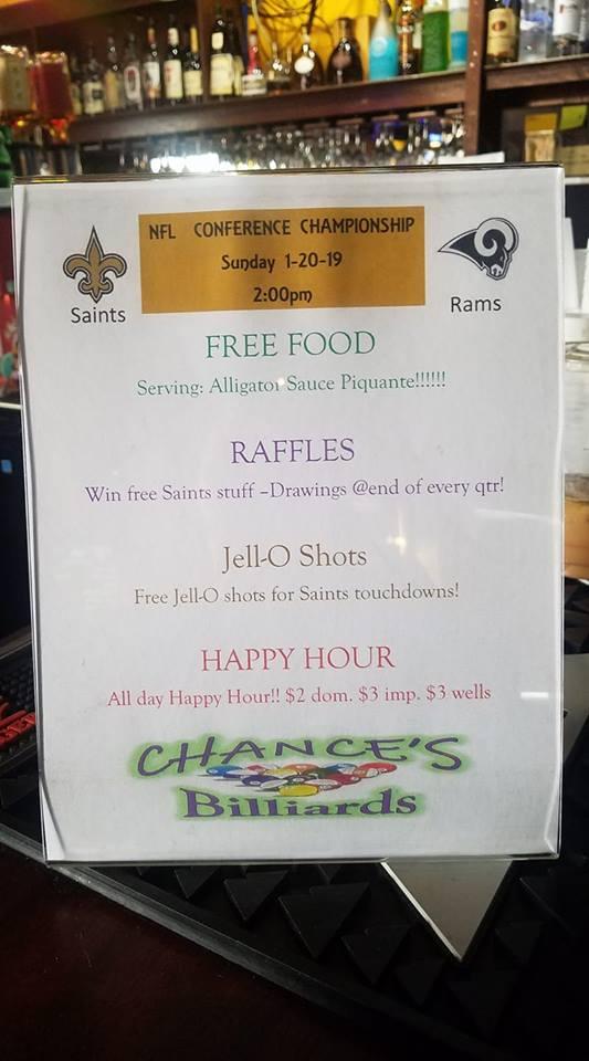 Menu at Chance's Billiards pub & bar, Baton Rouge, S Sherwood Forest Blvd