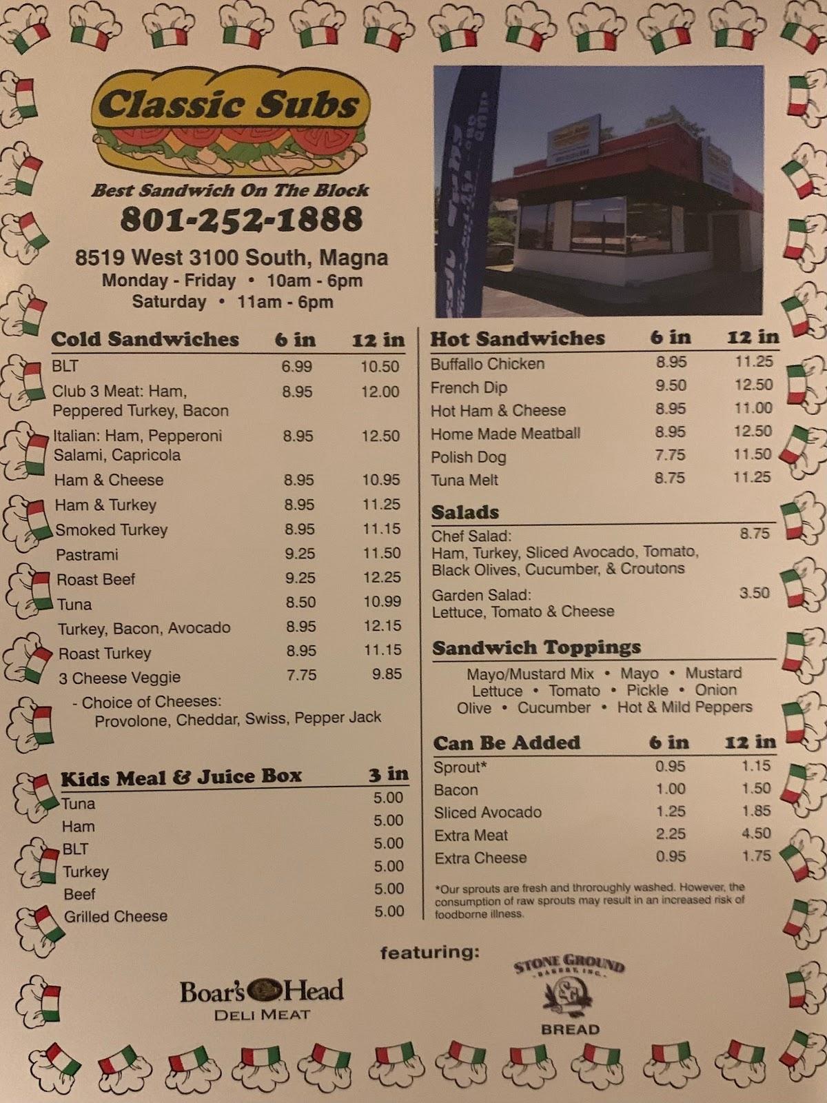 Menu at Classic Subs, Magna