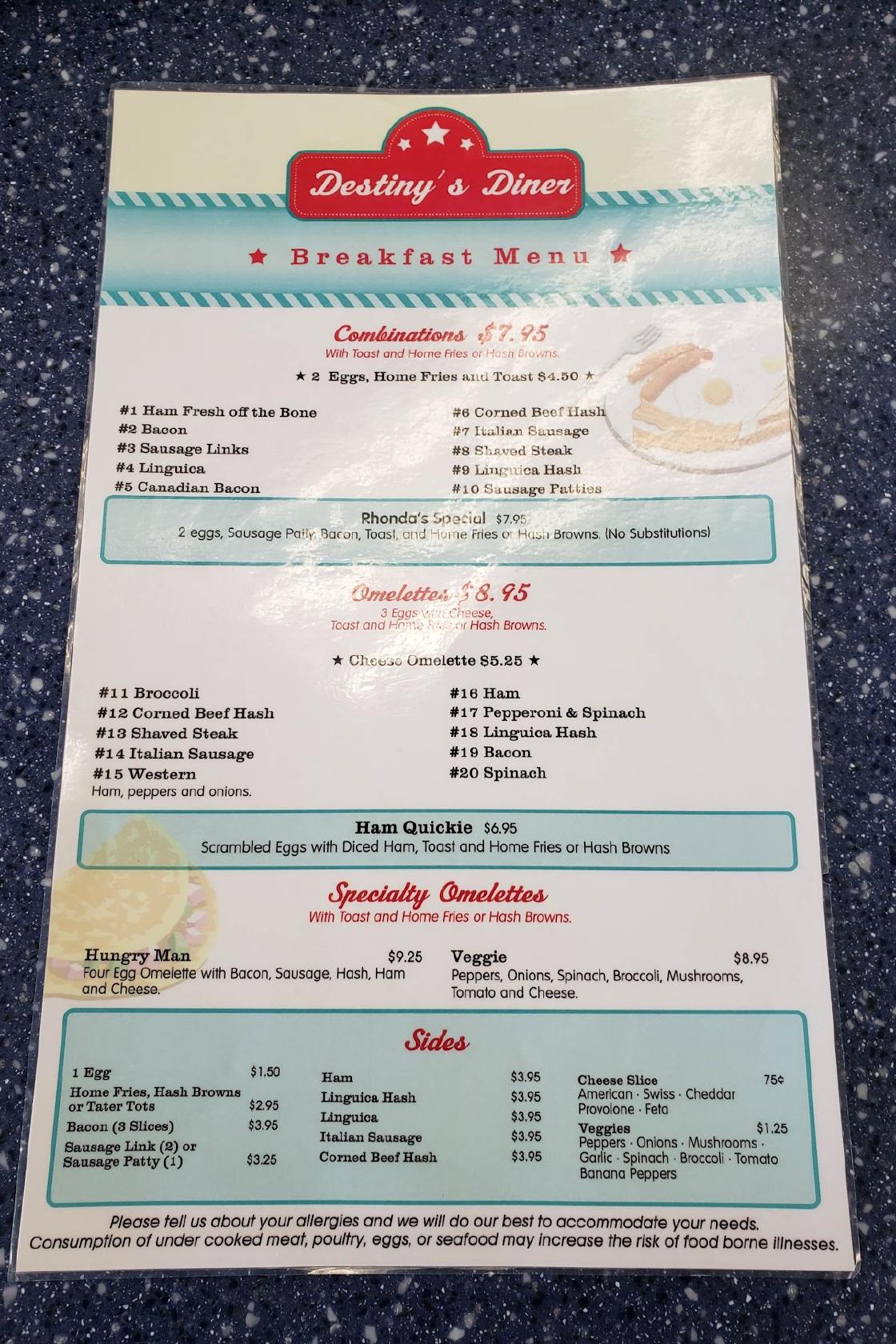 Menu at Destiny's Diner restaurant, Bristol