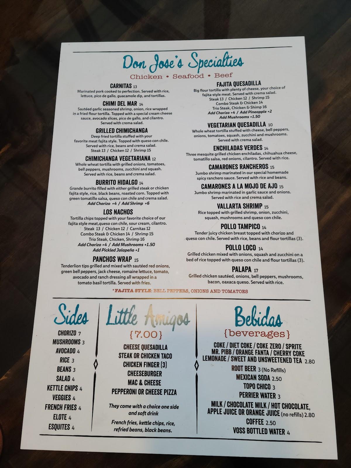 Menu at Don Jose's Mexican Grill & Cantina restaurant, Elkhart