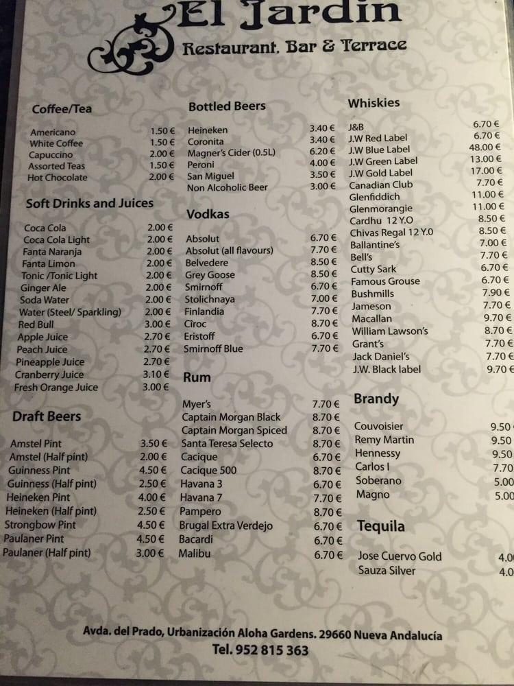 Menu at El Jardin pub & bar, Marbella