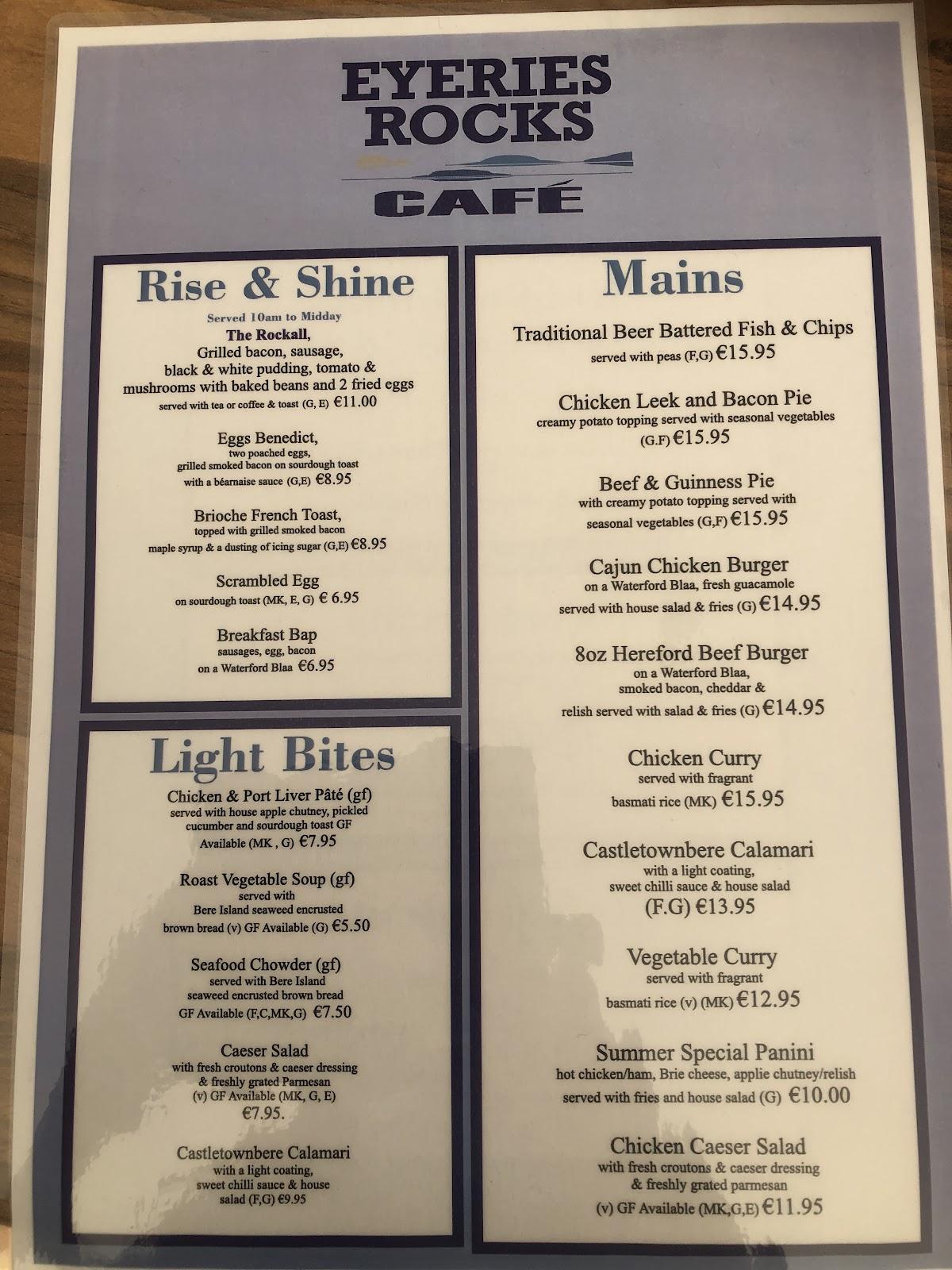 Menu at Eyeries Rocks Café restaurant, Eyeries