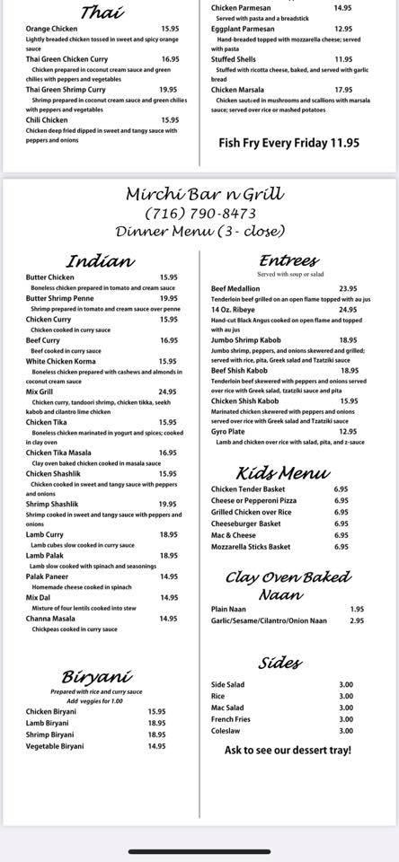 Menu at Mirchi Bar n Grill, Olean