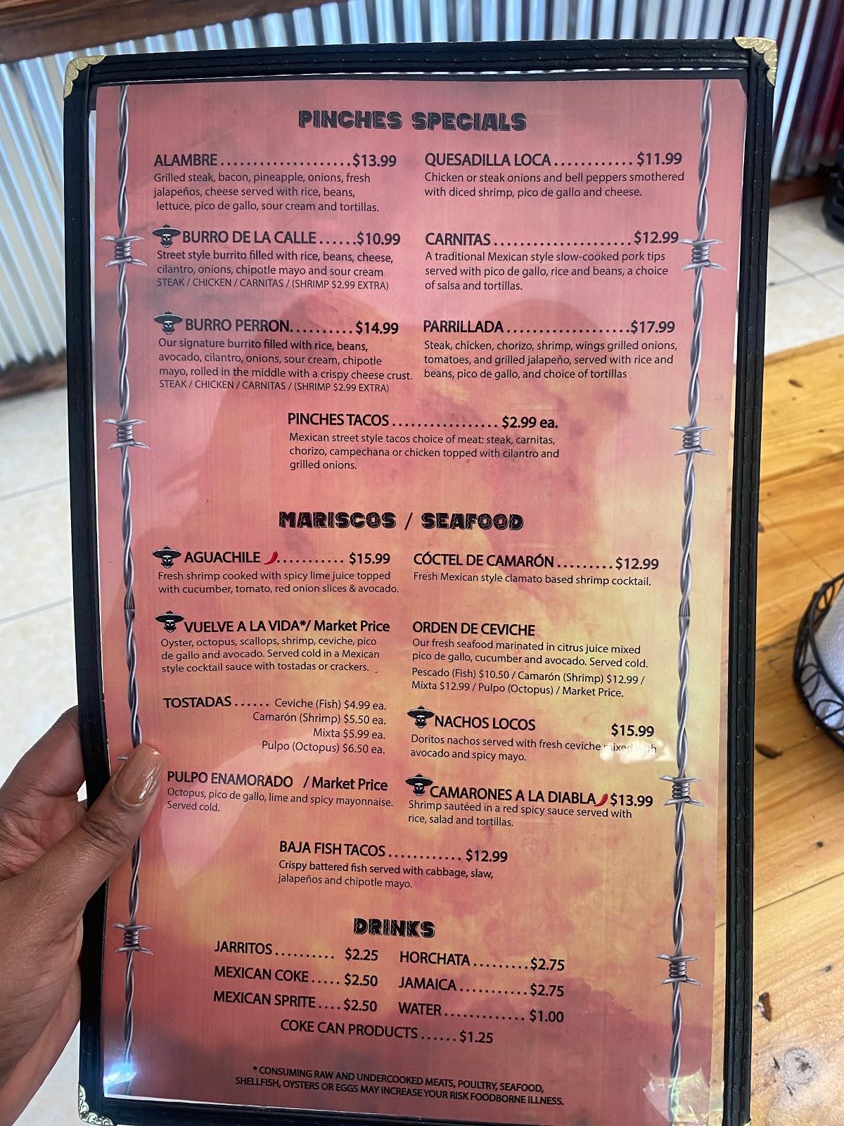 Menu at Pinches Tacos Shack restaurant, Covington