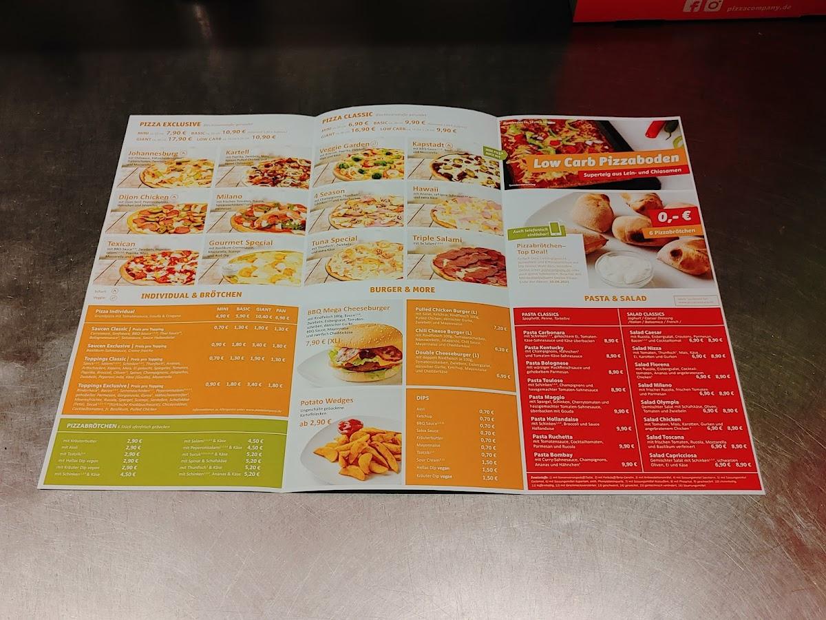 Menu at Pizza Company, Cologne, Seydlitzstraße 2