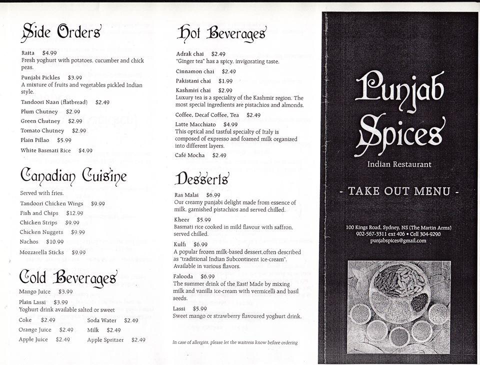 Menu at Punjab Spices restaurant, Sydney