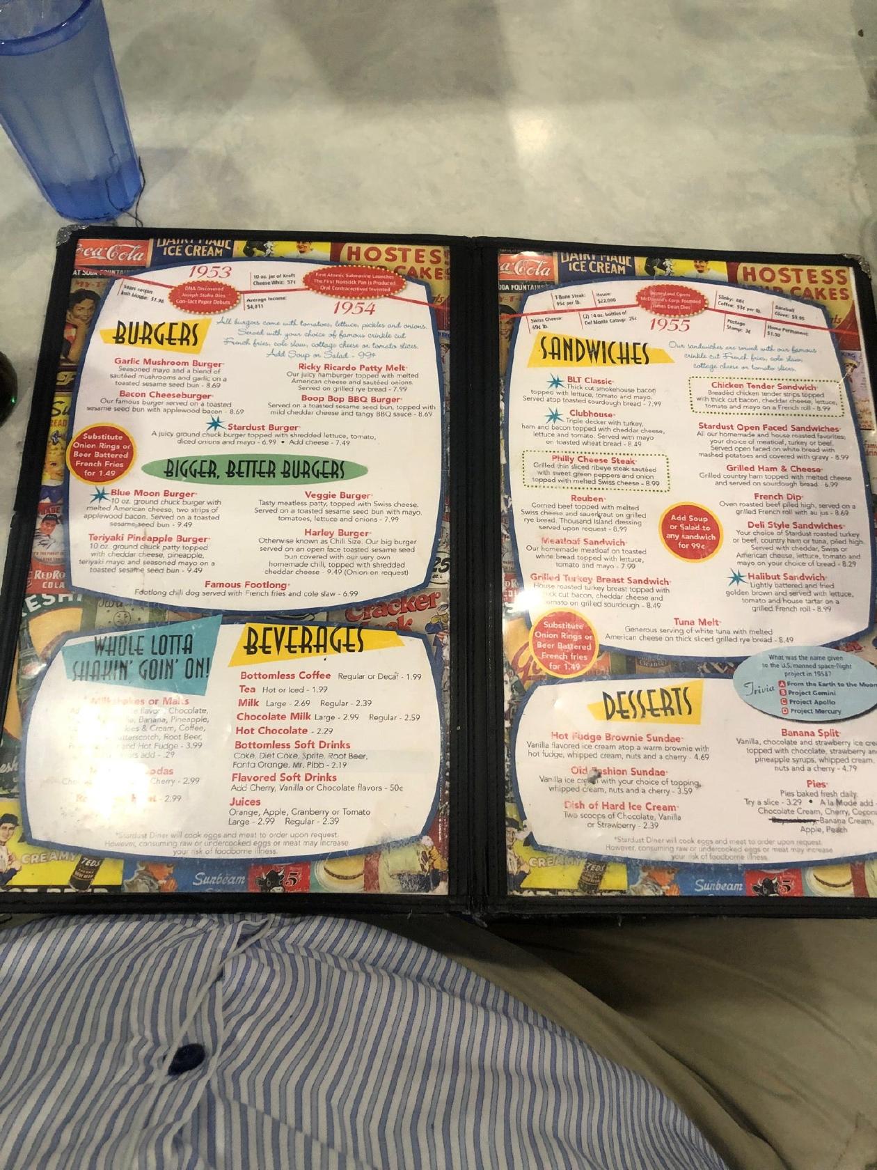 Menu at Stardust Diner cafe, Vancouver